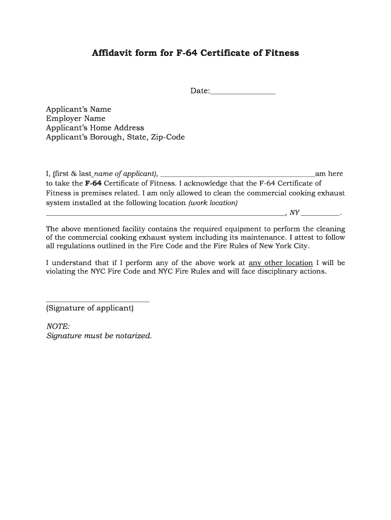 Fillable Online Affidavit form for F-64 Certificate of Fitness Fax ...