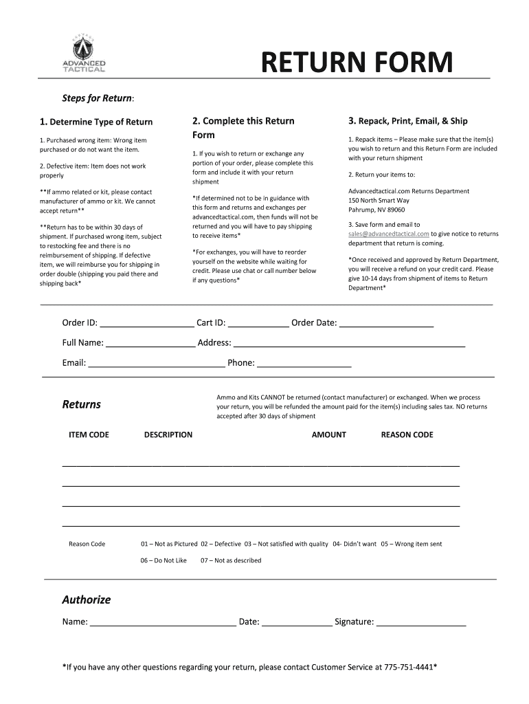 Fillable Online Return form - Advanced Tactical Fax Email Print - pdfFiller