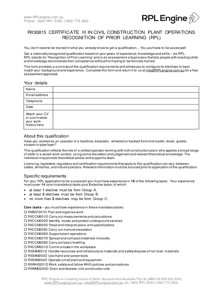 Fillable Online RII30815 CERTIFICATE III IN CIVIL CONSTRUCTION PLANT ...