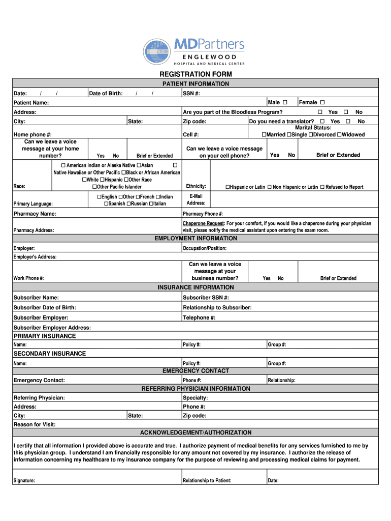 Fillable Online REGISTRATION FORM PATIENT INFORMATION Date: / / Date of ...