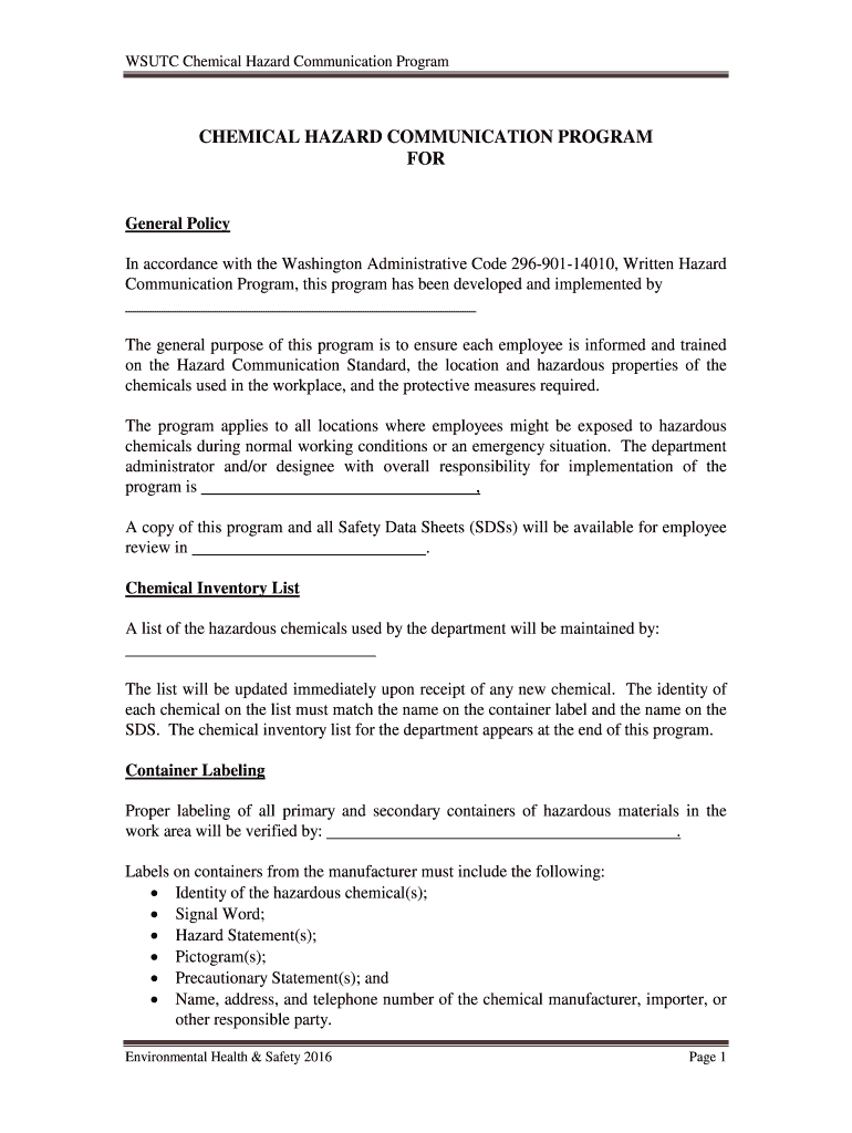 Fillable Online tricities wsu WSU Chemical Hazard Communication Program ...