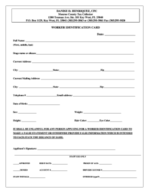 Fillable Online WORKER IDENTIFICATION CARD Date: Fax Email Print ...