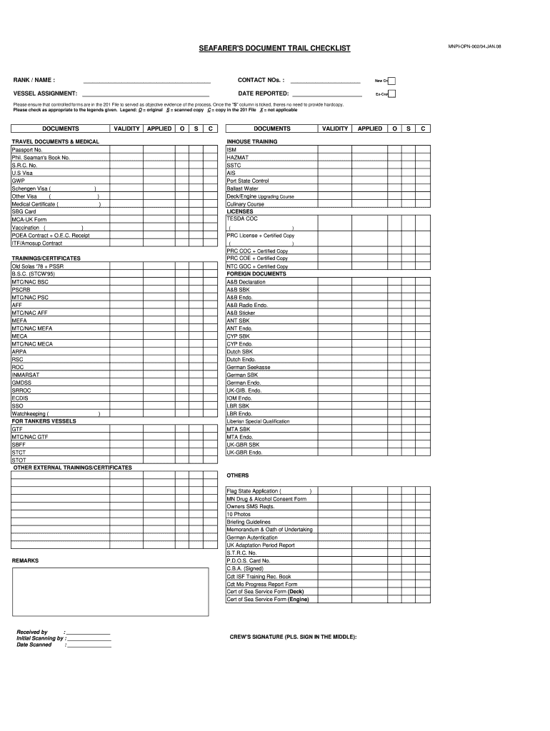 Fillable Online SEAFARER'S DOCUMENT TRAIL CHECKLIST Fax Email Print ...