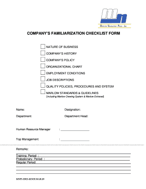 Fillable Online COMPANYS FAMILIARIZATION CHECKLIST FORM Fax Email Print ...