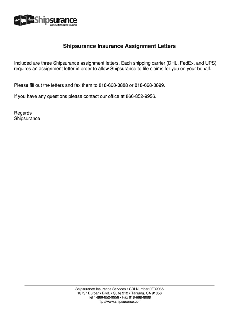Fillable Online Shipsurance Insurance Assignment Letters Fax Email Print - pdfFiller