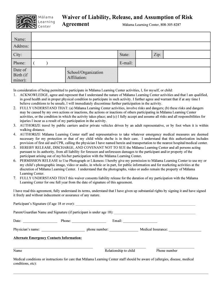 Fillable Online MLC General Liability Waiver Form - Malama Learning ...