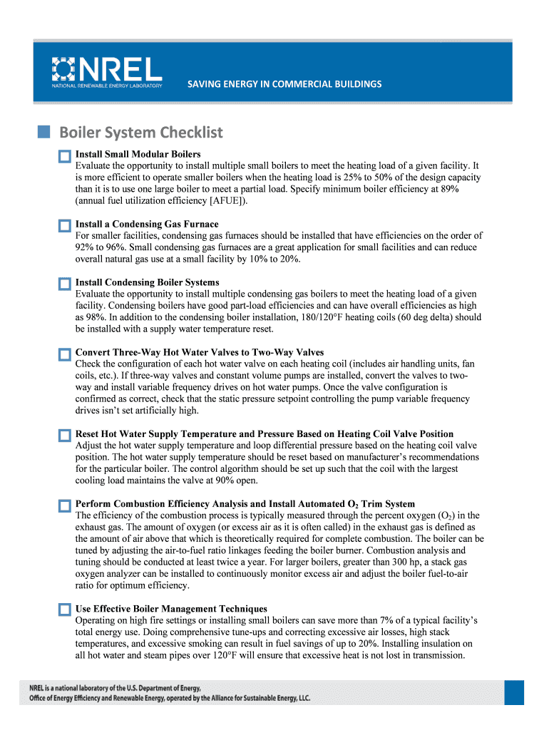 Fillable Online nrel Boiler System Checklist (Fact Sheet), Saving ...