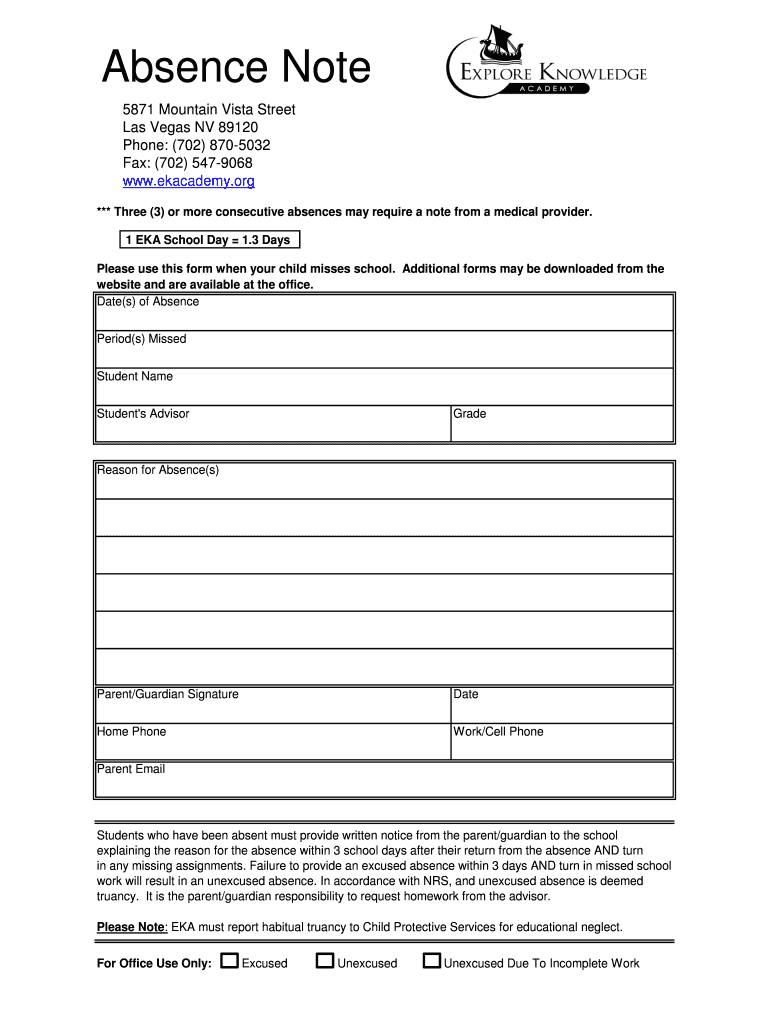Fillable Online ekacademy Absence Note Fax Email Print - pdfFiller