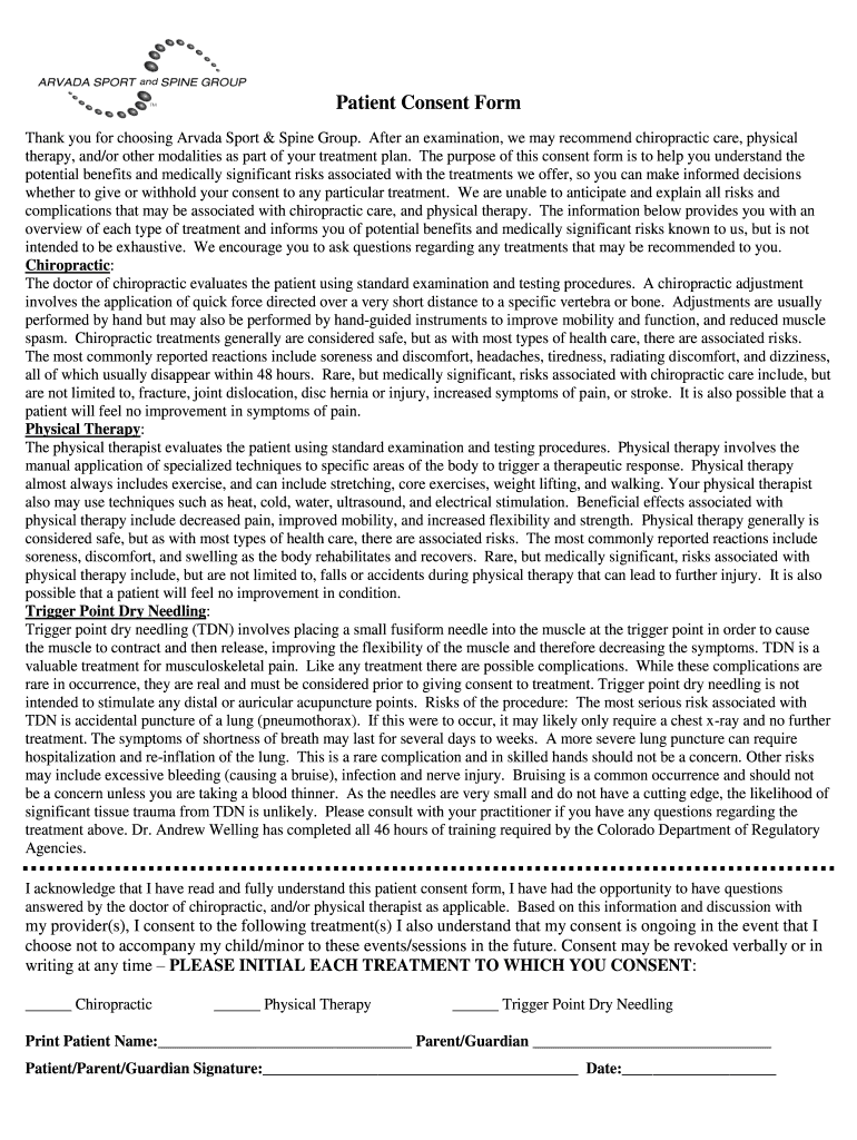 Fillable Online Patient Consent Form - Arvada Sport and Spine Group Fax ...
