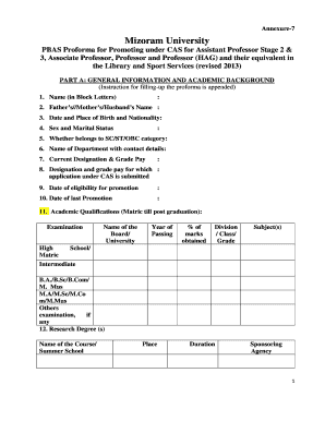 Fillable Online mzu edu Annexure-7. PBAS Proforma for CAS blank - MZU ...