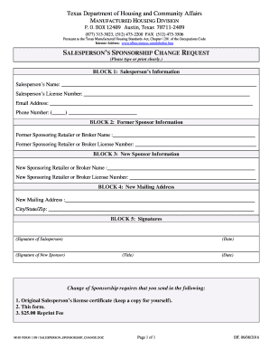 Fillable Online events tdhca state tx Salesperson's Sponsorship Change ...