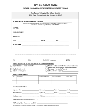 Fillable Online RETURN ORDER FORM Fax Email Print - pdfFiller