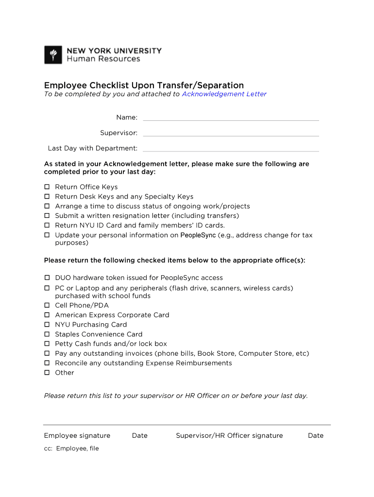 Fillable Online Employee Checklist Upon Transfer/Separation Fax Email ...