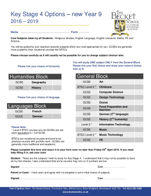 Fillable Online becketonline co Year 8 Options Form - Becket School ...