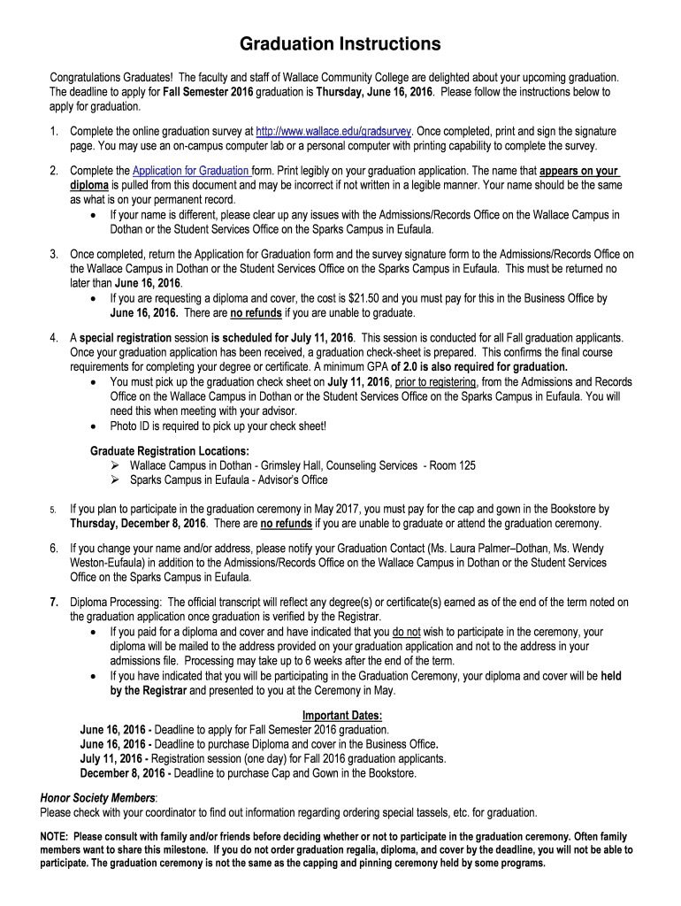 Fillable Online wallace Graduation Instructions - wallace Fax Email ...