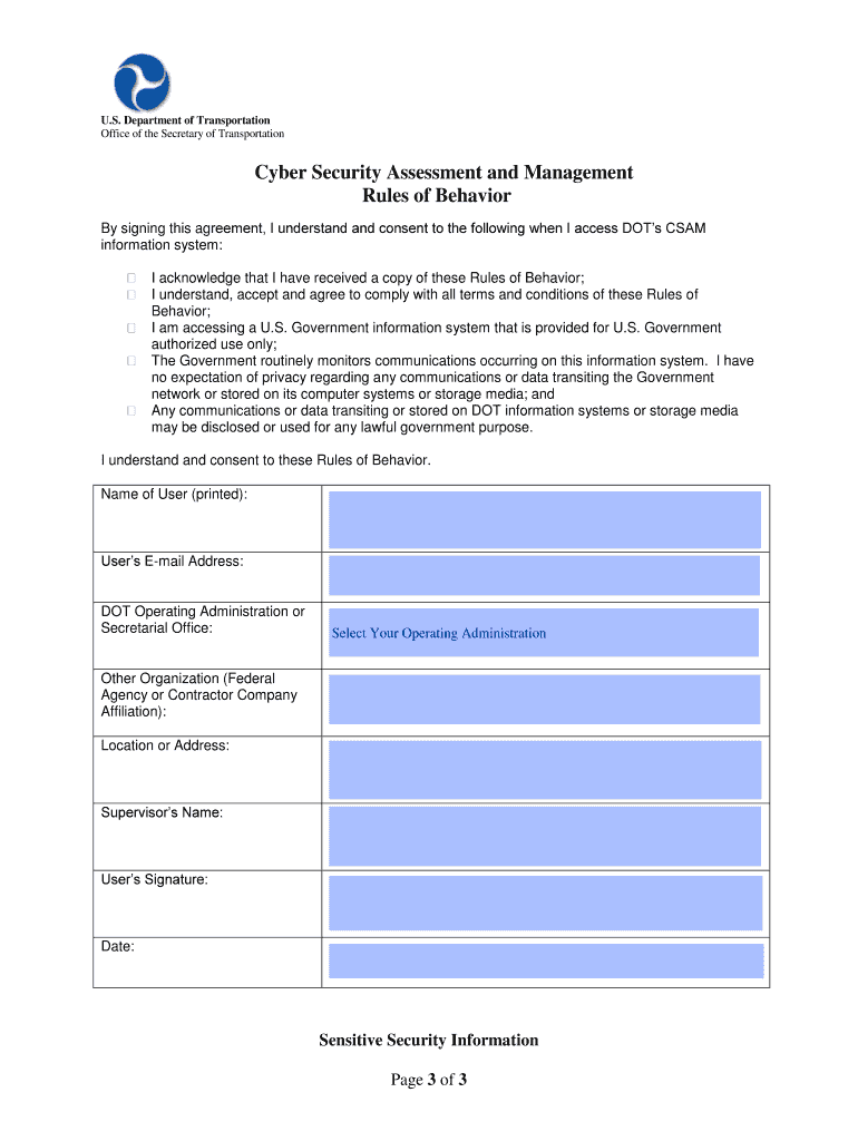 Fillable Online auth smext faa CSAM Rules of Behavior - Federal ...