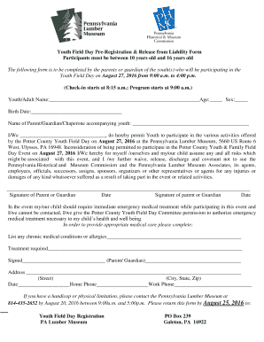 Fillable Online lumbermuseum Youth Field Day Pre-Registration & Release ...