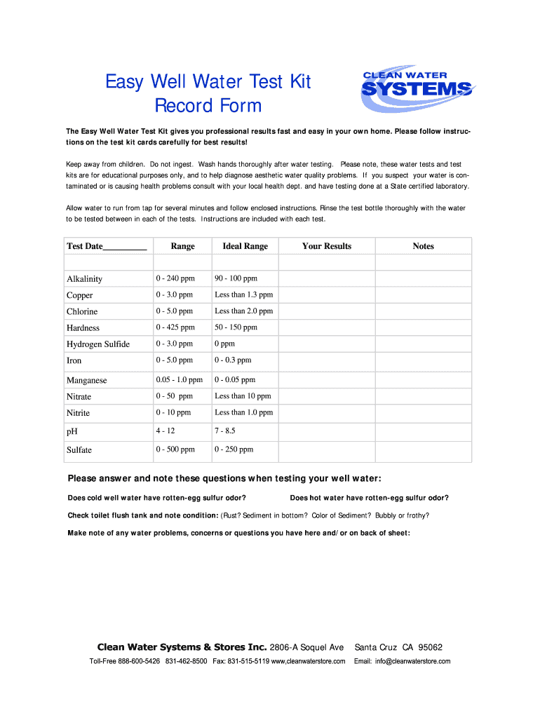 Clean Water Systems Easy Well Water Test Kit Record Form Fill And Clean Water Systems Easy Well Water Test Kit Record Form Fill And