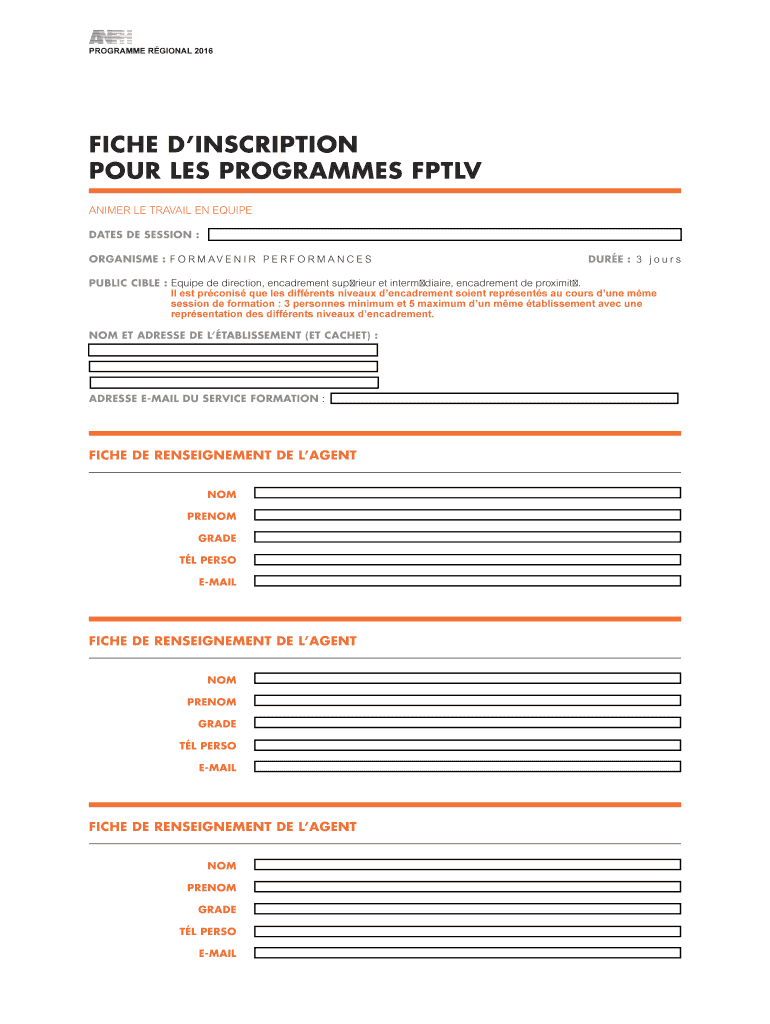 Fillable Online anfh programme r gional 2016 fiche d inscription pour les programmes fptlv ...