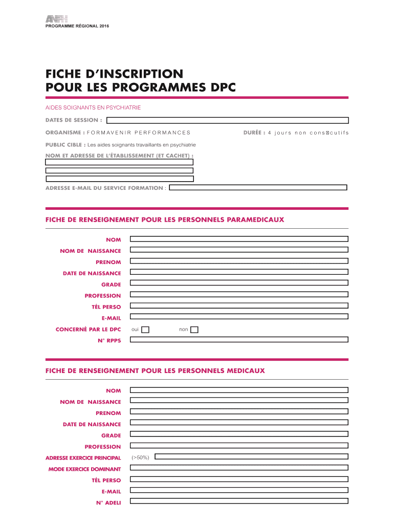 Fillable Online anfh programme r gional 2016 fiche d inscription pour les programmes dpc aides ...