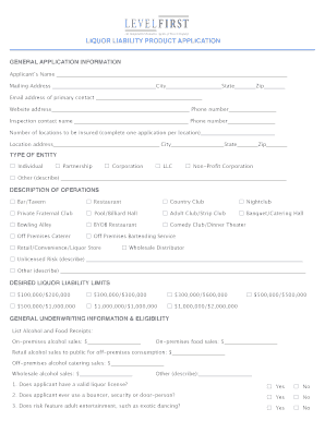 Fillable Online LIQUOR LIABILITY PRODUCT APPLICATION - ... Fax Email ...