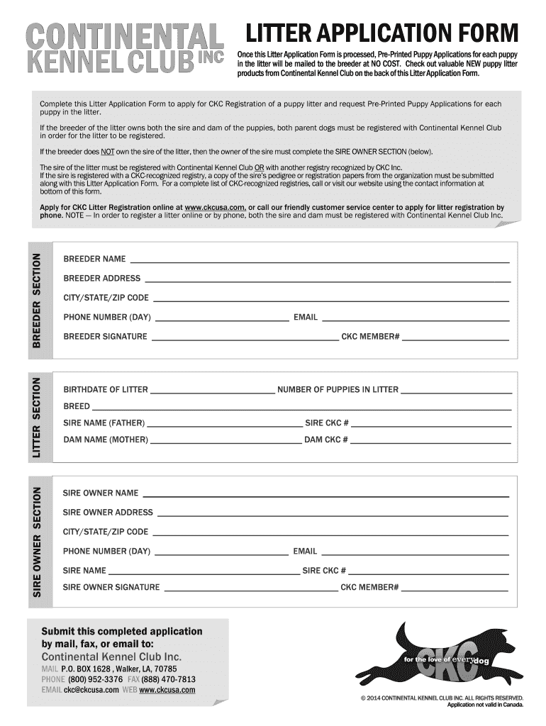 Fillable Online LITTER APPLICATION FORM - ckcusa.com Fax Email Print ...