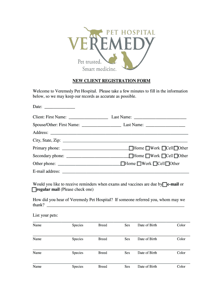 Fillable Online NEW CLIENT REGISTRATION FORM Welcome to Veremedy Pet ...