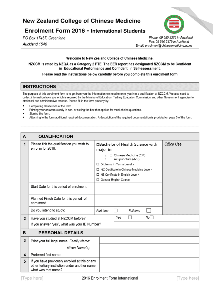 Fillable Online chinesemedicine ac New Zealand College of Chinese ...
