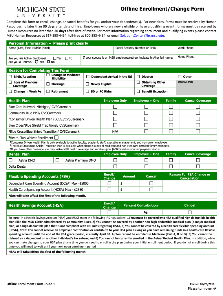 Fillable Online hr msu Offline Enrollment/Change Form Fax Email Print - pdfFiller