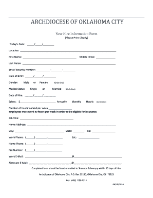 Fillable Online archokc Hire Form - Archdiocese of Oklahoma City Fax ...