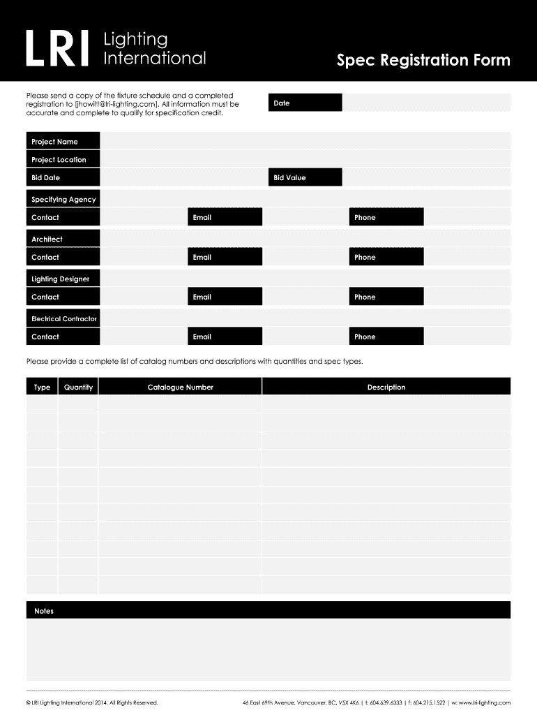 Fillable Online Spec Registration Form - lri lighting international Fax Email Print - pdfFiller