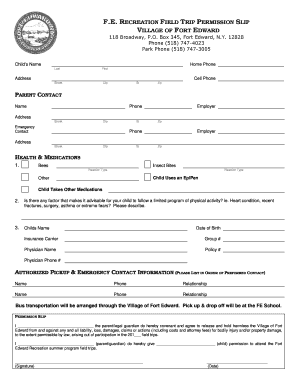 Fillable Online F.E. RECREATION FIELD TRIP PERMISSION SLIP VILLAGE OF ...