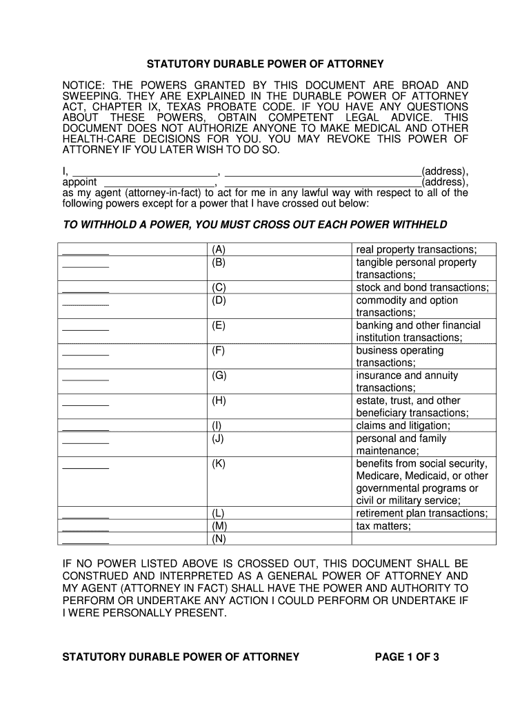 Fillable Online STATUTORY DURABLE POWER OF ATTORNEY. POWER OF ATTORNEY Fax Email Print - pdfFiller