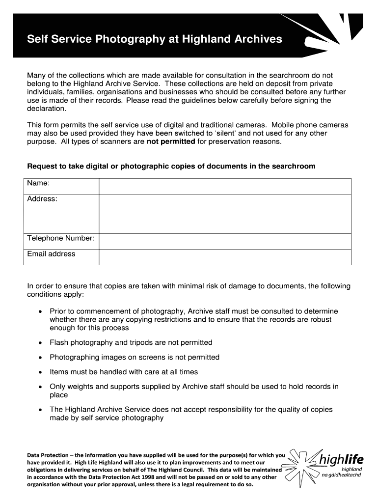 Fillable Online Self Service Photography at Highland Archives Fax Email ...