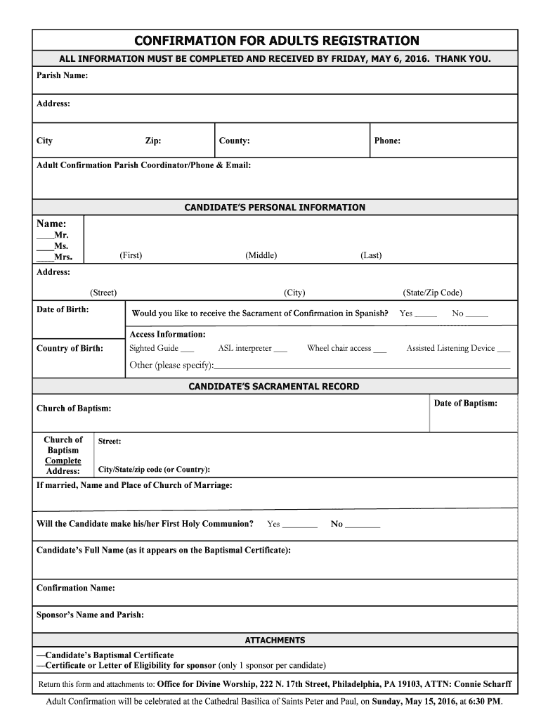 Fillable Online Confirmation for Adults Printable Registration Form Fax ...
