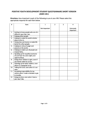 Fillable Online POSITIVE YOUTH DEVELOPMENT STUDENT QUESTIONNAIRE SHORT ...