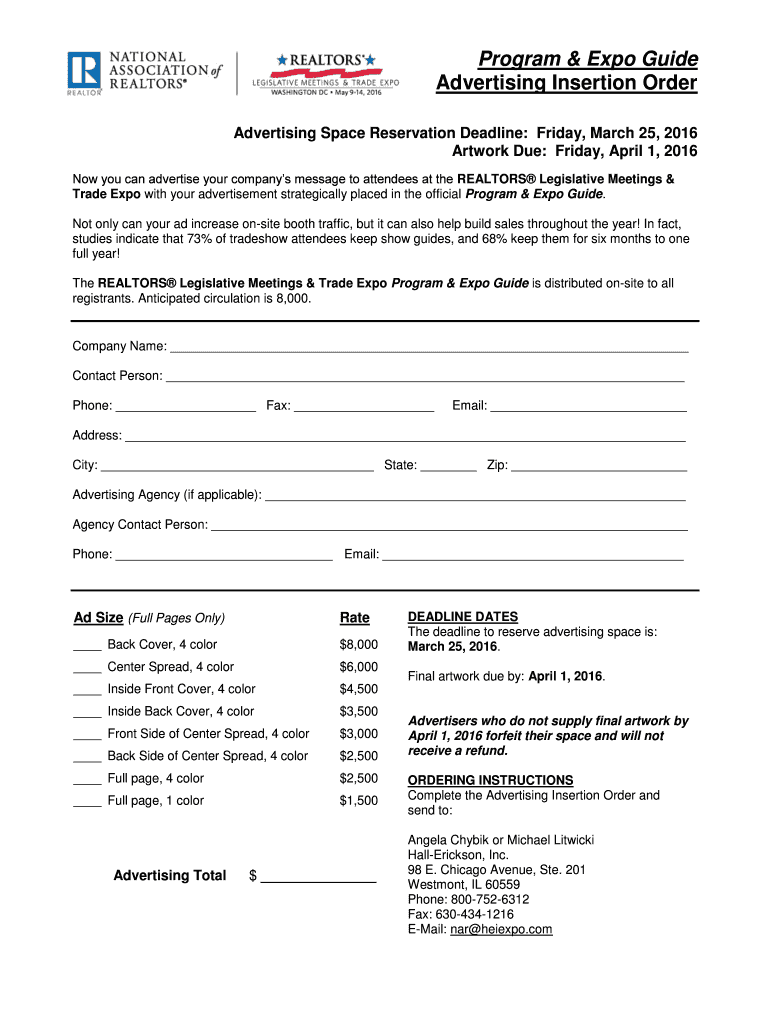 Fillable Online Program & Expo Guide Advertising Insertion Order Fax ...