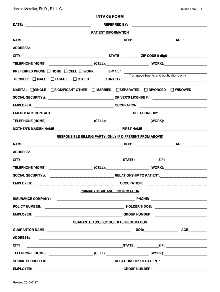 Fillable Online INTAKE FORM - counselinglifewellness.com Fax Email ...