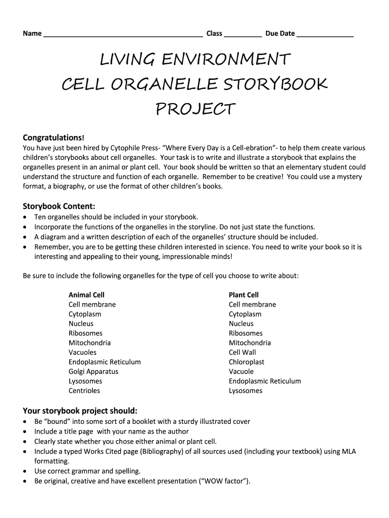 Fillable Online hs stdoms LIVING ENVIRONMENT CELL ORGANELLE STORYBOOK ...