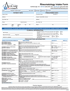 Fillable Online Rheumatology Intake Form 7.22 - allcarepluspharmacy.com ...