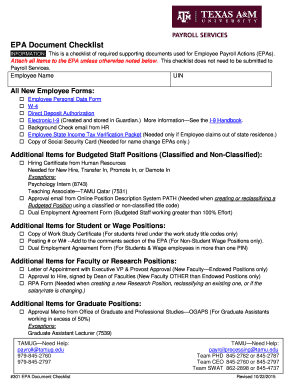 Fillable Online payroll tamu EPA Document Checklist - Payroll Services ...