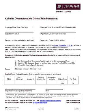 Fillable Online payroll tamu Cellular Communication Device Reimbursement form Fax Email Print ...