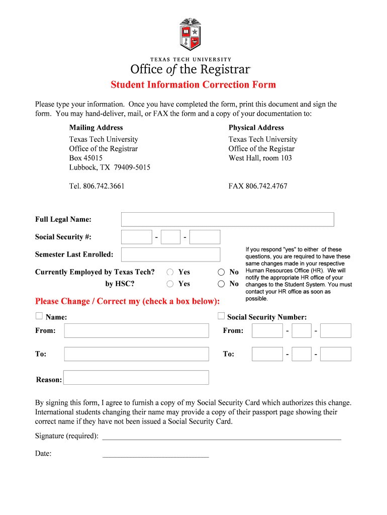 Fillable Online depts ttu Please type your information Fax Email Print - pdfFiller