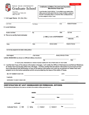 Fillable Online depts ttu Certification of Military Personnel and Dependents - Texas Tech ...