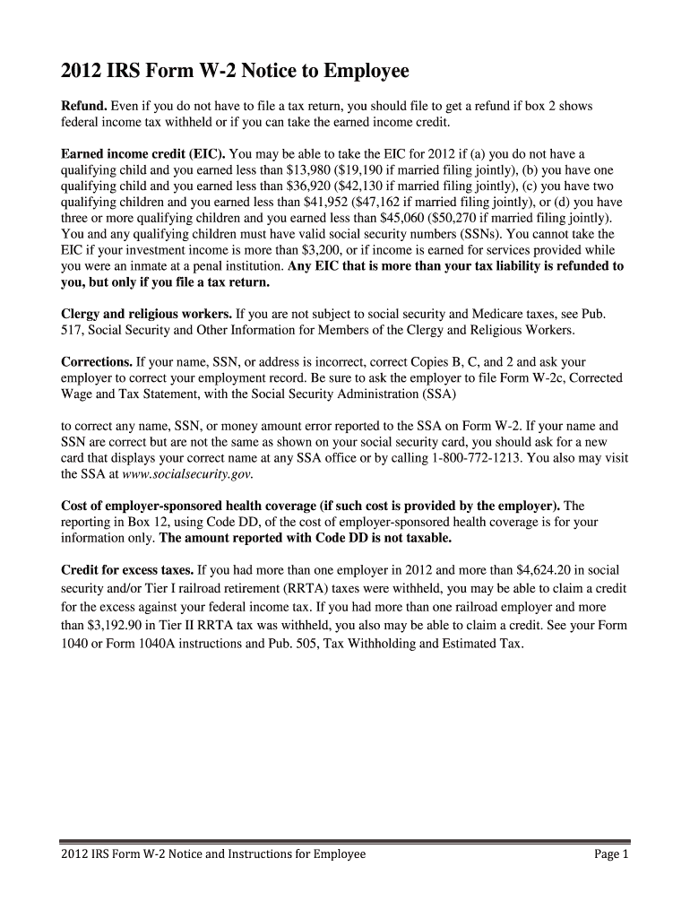 Fillable Online depts ttu 2012 IRS Form W-2 Notice to Employee Fax ...