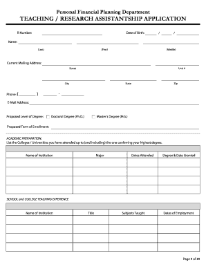 Fillable Online depts ttu TEACHING / RESEARCH ASSISTANTSHIP APPLICATION Fax Email Print - pdfFiller