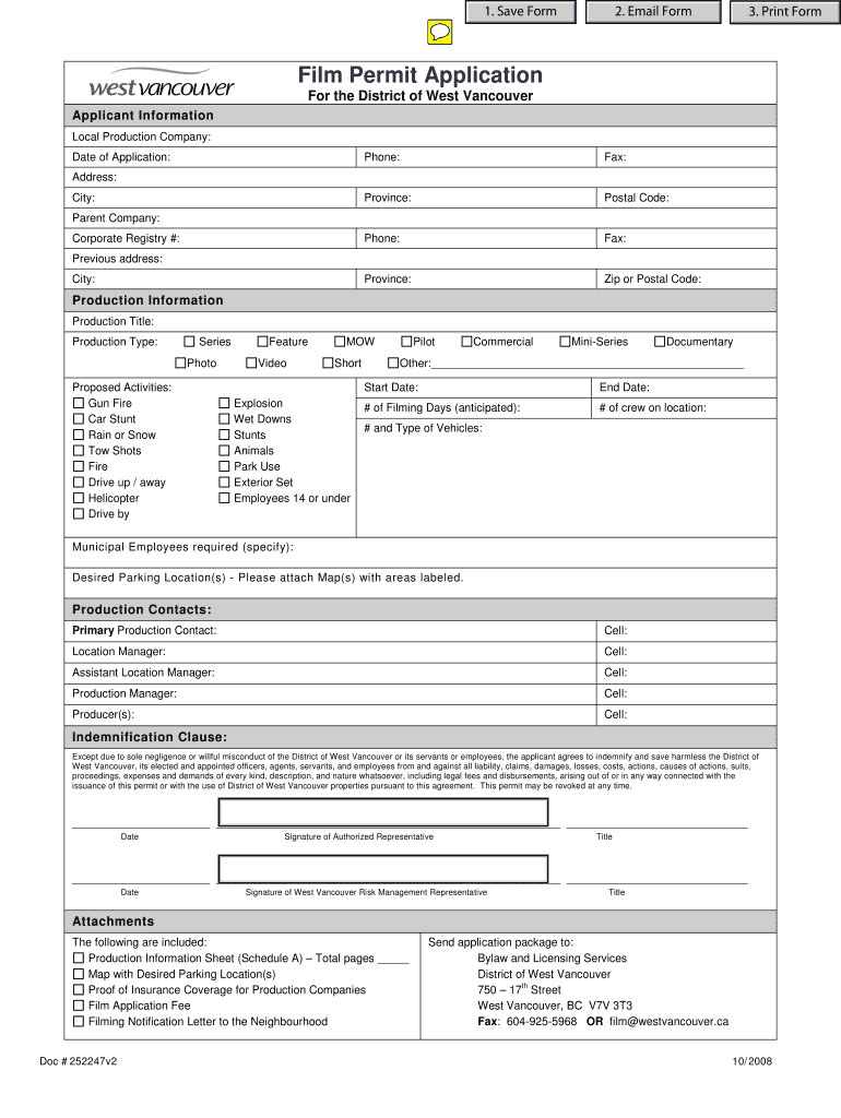 Fillable Online westvancouver Film Permit Application - District of ...