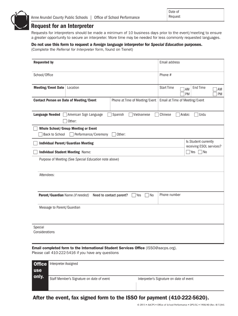 Fillable Online aacps Request for an Interpreter - Anne Arundel County ...
