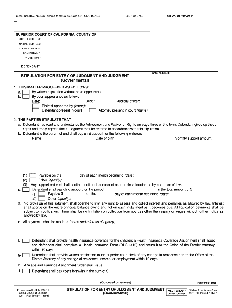 Fillable Online famguardian STIPULATION FOR ENTRY OF JUDGMENT AND ...