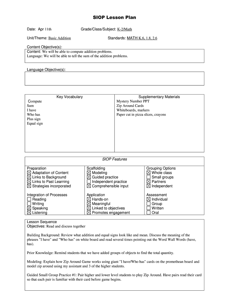 Free Siop Lesson Plan Template B t Ch Xanh
